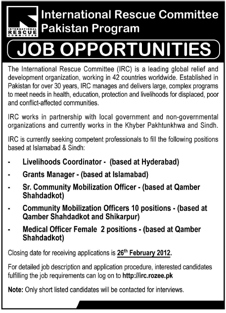 International Rescue Committee Pakistan Program Jobs Opportunity in Hyderabad, Islamabad, Qamber ...